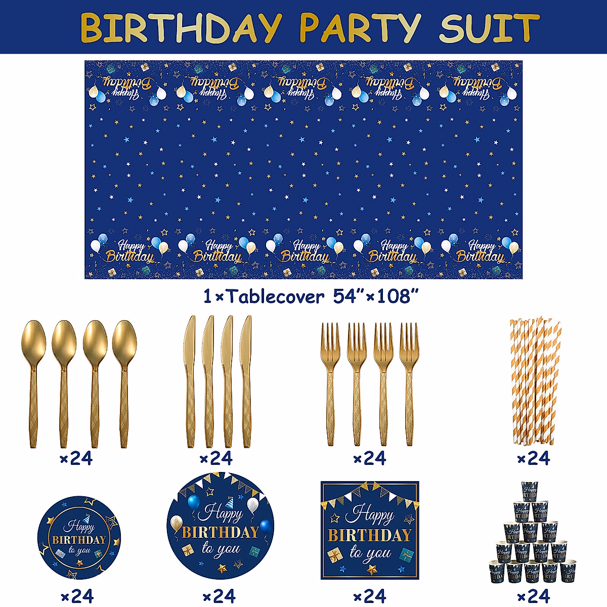 Capoda Birthday Party Supplies Happy Birthday Tableware Set Confetti Starry Tablecloth Plates Cups Napkins Dinnerware for Kids Adults Party Supplies Decor(Navy Blue and Gold)