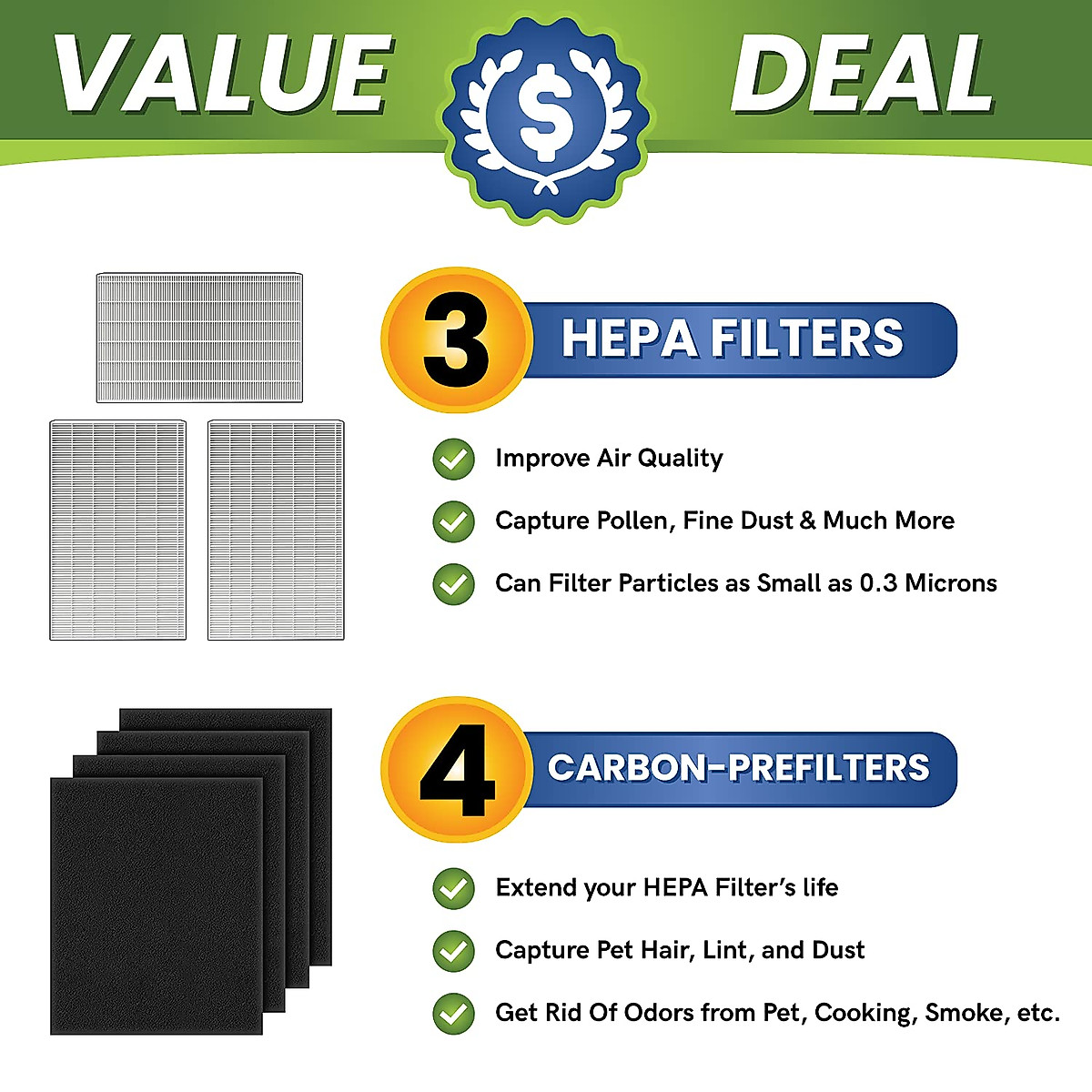 GOFIL 3 Pack Replacement Filter Includes 3 HEPA & 4 Carbon Pre-filters Compatible with Air Purifiers Model HA/HPA300, HPA304, HPA8350, HPA300VP