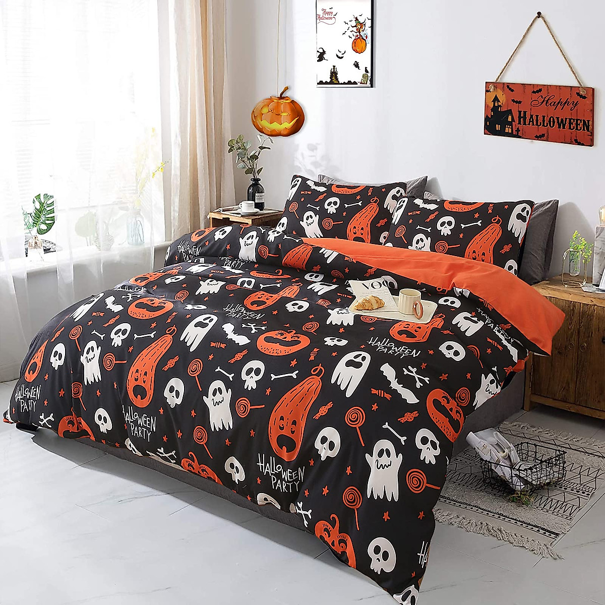 Halloween Duvet Cover Set Queen,3 Pieces Black Skull Pumpkin Comforter Cover Set with 2 Pillowcases Ghost Festival Themed Bedding Set Queen90 x90(Not Comforter)