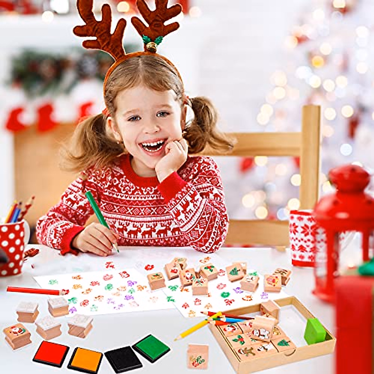 Zayvor Christmas Stamps Set, Wooden Rubber Stamp with Ink Pad Colored Pencil, Holiday Square Craft Stamp for Stamping Scrapbooking Crafting Booking Card Making Stocking Filler,Christmas Favor Gift