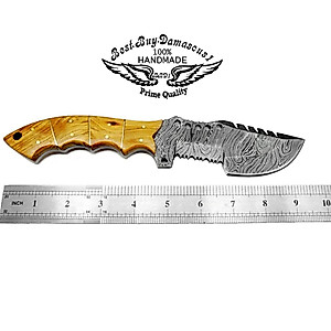 Best.Buy.Damascus1 Olive Wood 9.5'' Tracker Fixed Blade Handmade Damascus Steel Hunting Knife With Prime Quality
