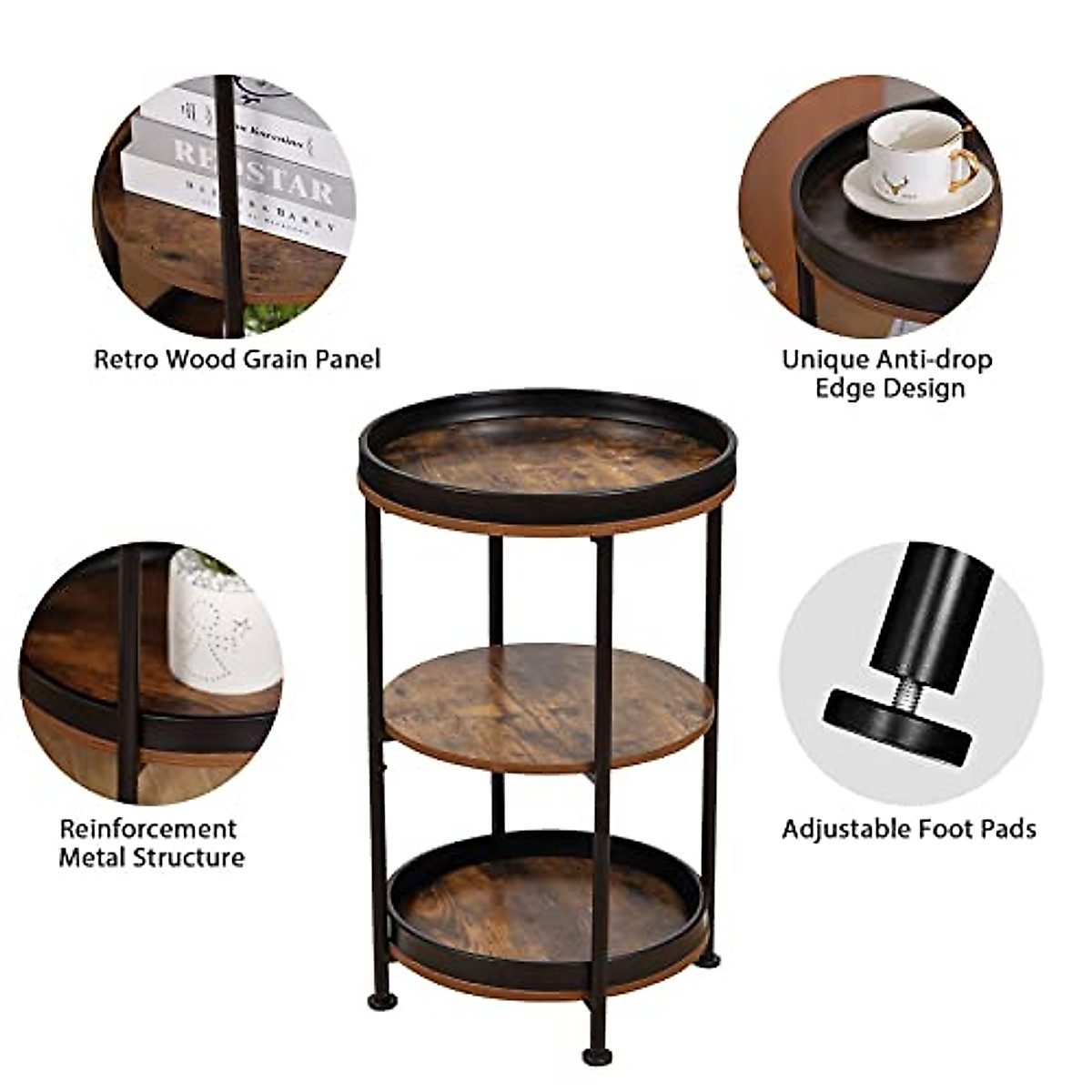 Dulcii Industrial Round End Table, 3 Tiers Round Side Table with Sturdy Metal Frame, Metal Round Sofa Table, Vintage Nightstand for Living Room Bedroom, Easy Assembly (Rustic Brown)