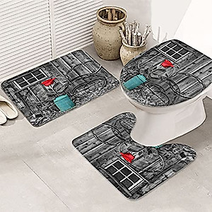 4 Piece Country Farmhouse Life Blue Pot Flowers Red Rose Shower Curtains Sets with Non-Slip Rugs, Toilet Lid Cover and Bath Mat, Bathroom Sets with Shower Curtain and Rugs and Accessories