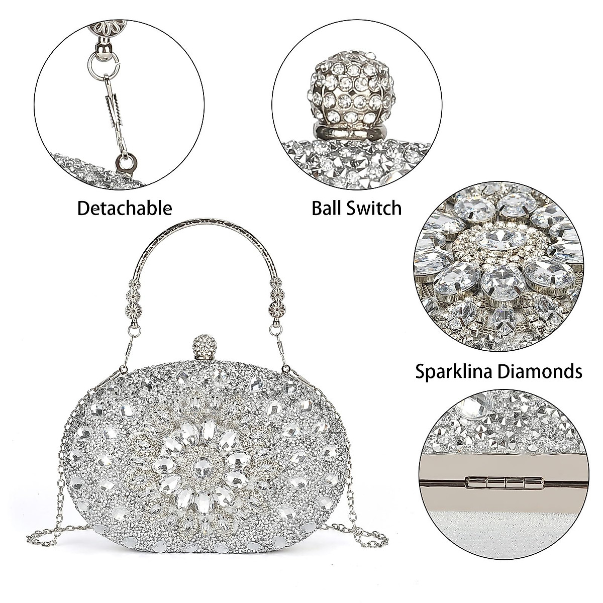 fannos Rhinestone Evening Clutch Purses for Women, Party Crystal Purses Diamond Handbag Weddings Formal Bag (A Silver)