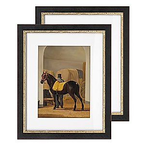 Sapowerntus 8x10 Picture Frames 5x7 with Mat, Black Gold Vintage Photo Frame Set of 2, Beaded Trim Antique Classic Wall Hanging Tabletop Display Decor, Graduation Family Wedding Gift