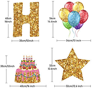 Jetec 18 Pieces Happy Birthday Yard Signs with Stakes, 16 Inches Birthday Outdoor Lawn Signs, Birthday Cake Balloon Patio Decorations, Garden Lawn Decorations for Birthday Party(Gold)