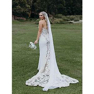 Latious 1 Tier Bride Wedding Veil White Long Cathedral Bridal Tulle Veils with Comb Simple Drop Veils for Women and Brides (1-White)