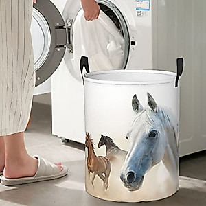 White Horse Running Horses Large Laundry Hamper With Handle Foldable Durable Laundry Basket Organizer Storage Bin Dirty Clothes Bag Hamper For Bedroom Nursery Bathroom