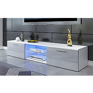 COSVALVE TV Stand for Living Room with LED & Grey Doors, Modern Television Stands for 70 Inch TV, High Gloss Entertainment Center with Storage, Media Console Table with Display Shelves