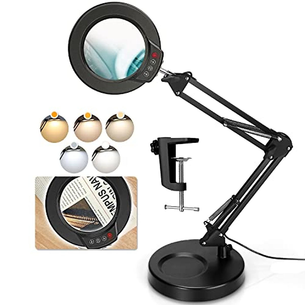 10X Magnifying Glass with Light and Stand, Upgrade Button 5 Color Modes Dimmable Lighting, Krstlv 2-in-1 LED Lighted Magnifier, Hands Free Desk Lamp with Clamp for Soldering Craft Hobby Close Work