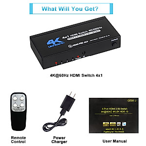 4K HDMI Switch 4x1, 4K@60Hz 4 in 1 Out HDMI Switcher Selector with IR Remote Control, Supports HDCP 2.2 4K@60Hz UltraHD HDR10 3D HD1080P Dolby DST, HDMI Splitter for PS4 Xbox Apple TV Fire Stick