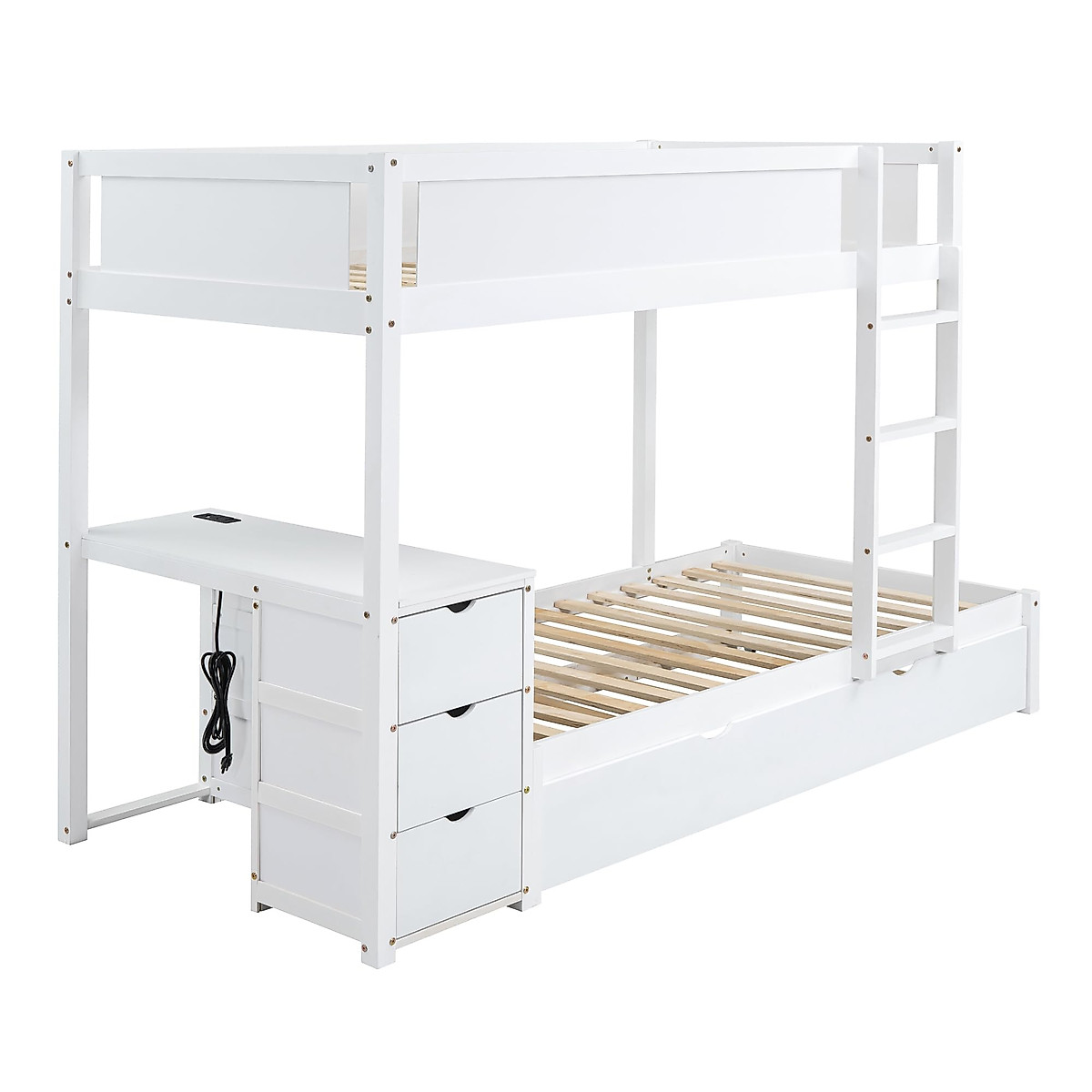 Harper & Bright Designs Twin Over Twin Bunk Beds with Desk, Storage Drawers and Trundle, Wooden Bunk Bed Frame with Charging Station for Kids Teens, Girls Boys, White