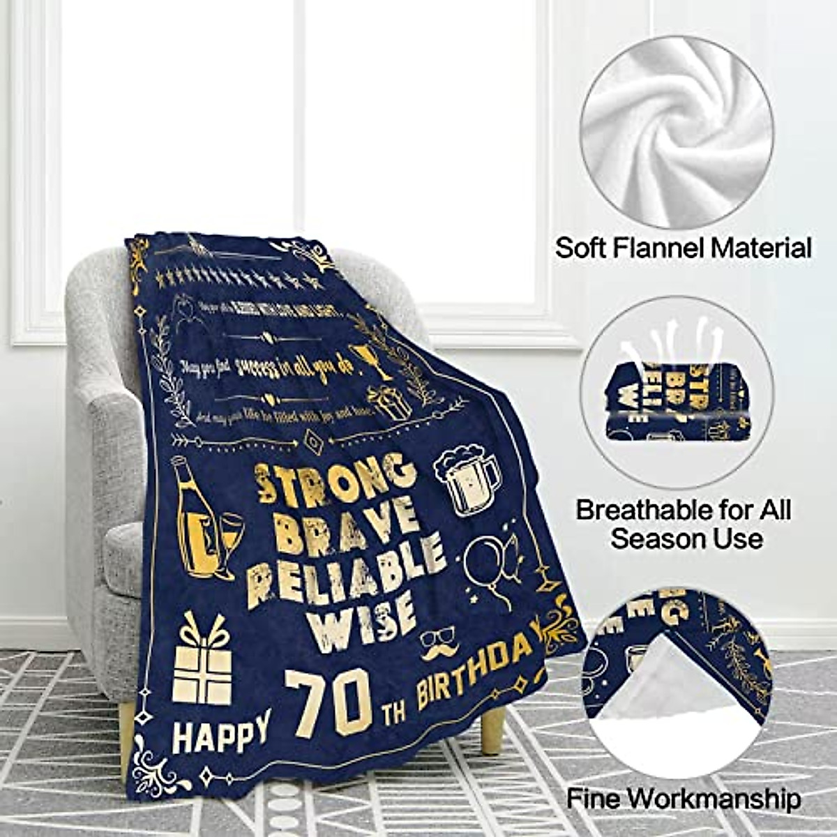 70th Birthday Gifts for Men, 70th Birthday Gifts for Him, 70 Year Old Birthday Gifts for Men, 70th Blanket 70th Birthday Decorations for Men, Gift for 70th Birthday Men, Navy Blue Blanket 60Lx50W Inch