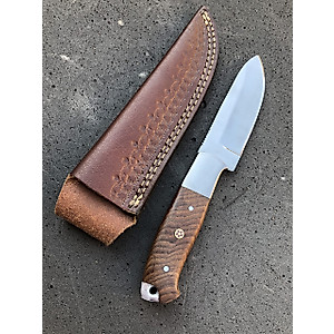 Custom Handmade Hunting Camping knife with Leather Sheath Rose wood Handle Razor Sharp beautiful Design Full Tang J2 Steel