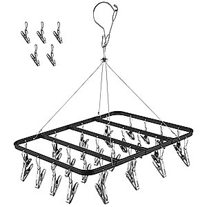 TOWOOZ Clothes Drying Rack with Clips, Stainless Steel Durable Clip and Drip Hanger Windproof Clothes Hanger Rack for Socks/Bras/Underwear/Towels, Portable Laundry Drying Rack (28 Clips, Black)