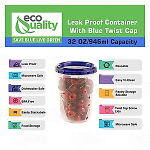 [3 PACK] 32 oz Twist Top Storage Deli Containers - Airtight Reusable Plastic Food Storage Canisters with Twist & Seal Lids, Leak-Proof - Meal Prep, Lunch, Togo, Stackable, BPA-Free Snack Containers