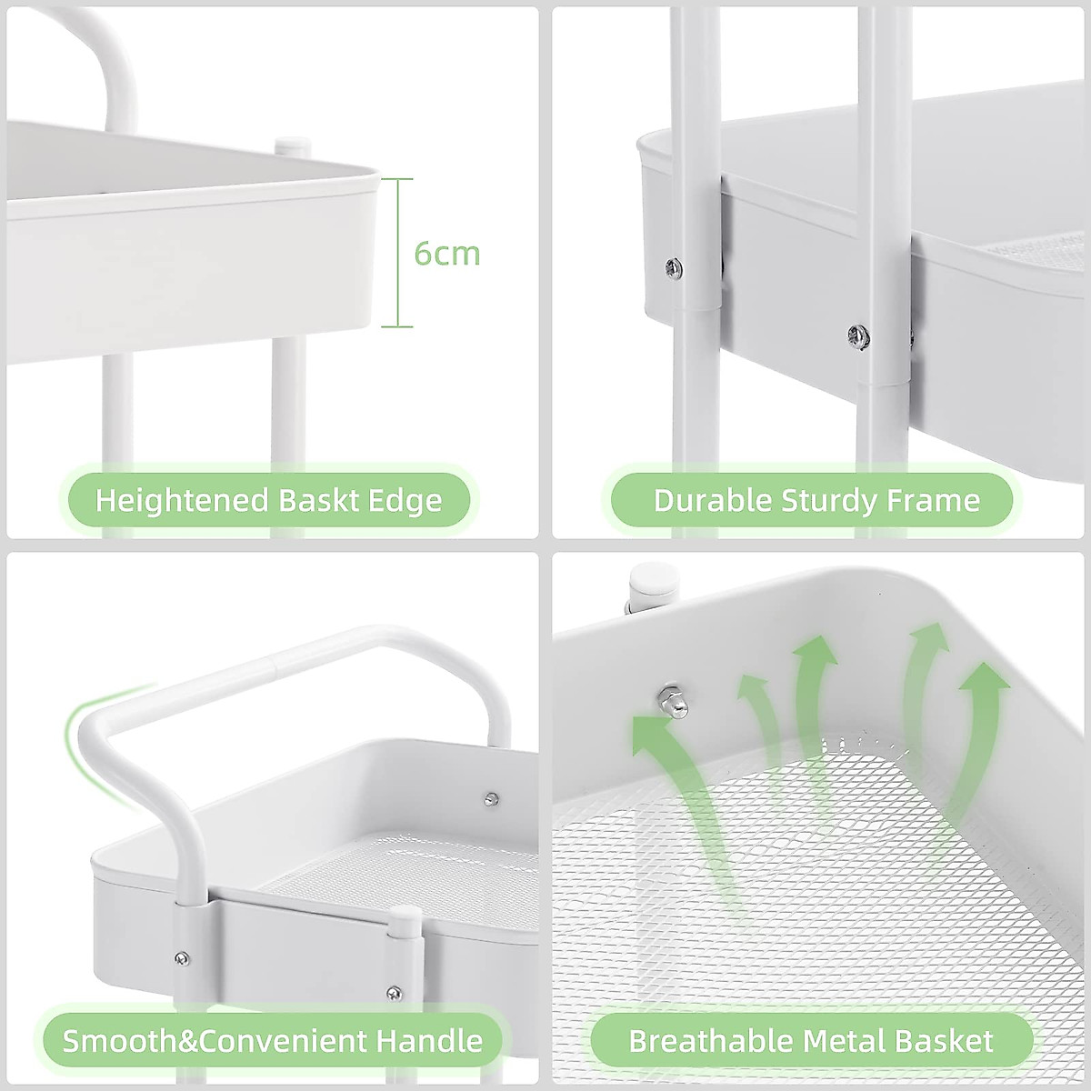 TOOLF 3 Tier Metal Rolling Cart, Utility Cart with Handle, Multifunction Storage Cart with Lockable Wheels, Serving Organizer Trolley with Mesh Basket for Kitchen, Bathroom, Office