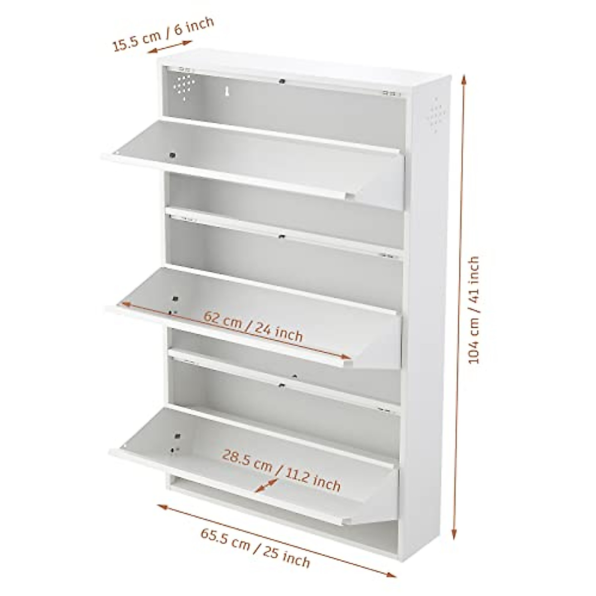 SPACEROCK 3 Drawers Shoe Storage Cabinet Wall Mounted & No-Assembly 25“ Metal Shoe Cabinet for Entryway, Hallway, and Corridor, Holds 12 Pair Shoes, White