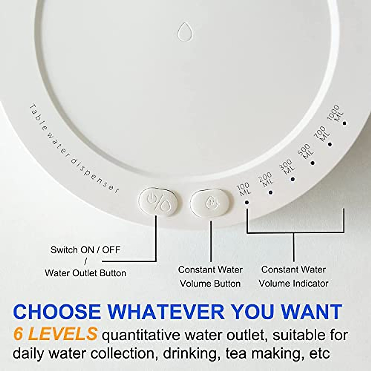 POGAIN Water Dispenser for Desktop, 7 Quantitative Levels Water Pump Mini Tablet Countertop for 1 2 3 4 5-Gallon Bottle (White)