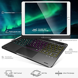 NOKBABO iPad 9th Generation Case with Keyboard 360° Rotatable Touchpad and 7 Color Backlight & Pencil Holder for iPad 9th/8th/7th Gen 10.2 inch & iPad Air 3rd Gen/iPad Pro 10.5 inch - Black