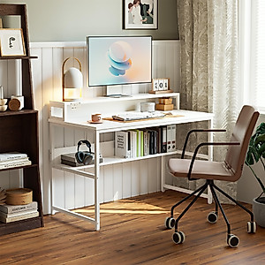 Cubiker 47 Inch Computer Desk with Storage, Home Office Desk with Monitor Stand and Storage Shelves, Modern Study Writing Desk, White