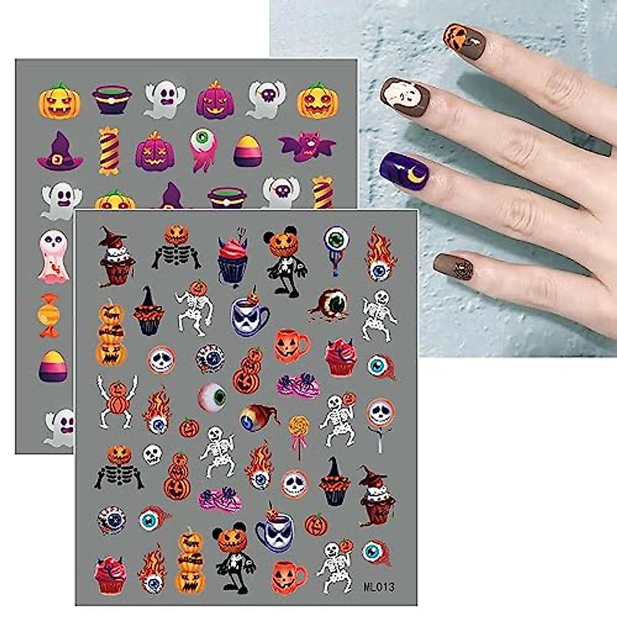JMEOWIO 9 Sheets Halloween Nail Art Stickers Decals Self-Adhesive Pegatinas Uñas Skull Ghost Witchy Pumpkin Nail Supplies Nail Art Design Decoration Accessories