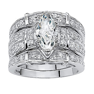 PalmBeach Yellow Gold-Plated or Sterling Silver Marquise Cut Cubic Zirconia 3 Piece Mutli Row Bridal Ring Set Size 8