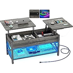 Aheaplus Coffee Table, Lift Top Coffee Table with LED Light and Power Outlet, Modern Lift-Top Table with Storage Shelf, Center Table for Living Room, Lift Tabletop, X Support, Metal Frame, Black Oak