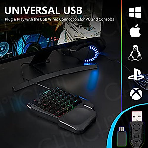 CHONCHOW One Handed Gaming Keyboard Rainbow LED Light Up, 35 Keys Protable Mini Single Hand Keyboard with Wrist Rest, Ergonomic Wired One Hand Keyboard for Xbox PS4 PS5 PC Laptop with USB Hub