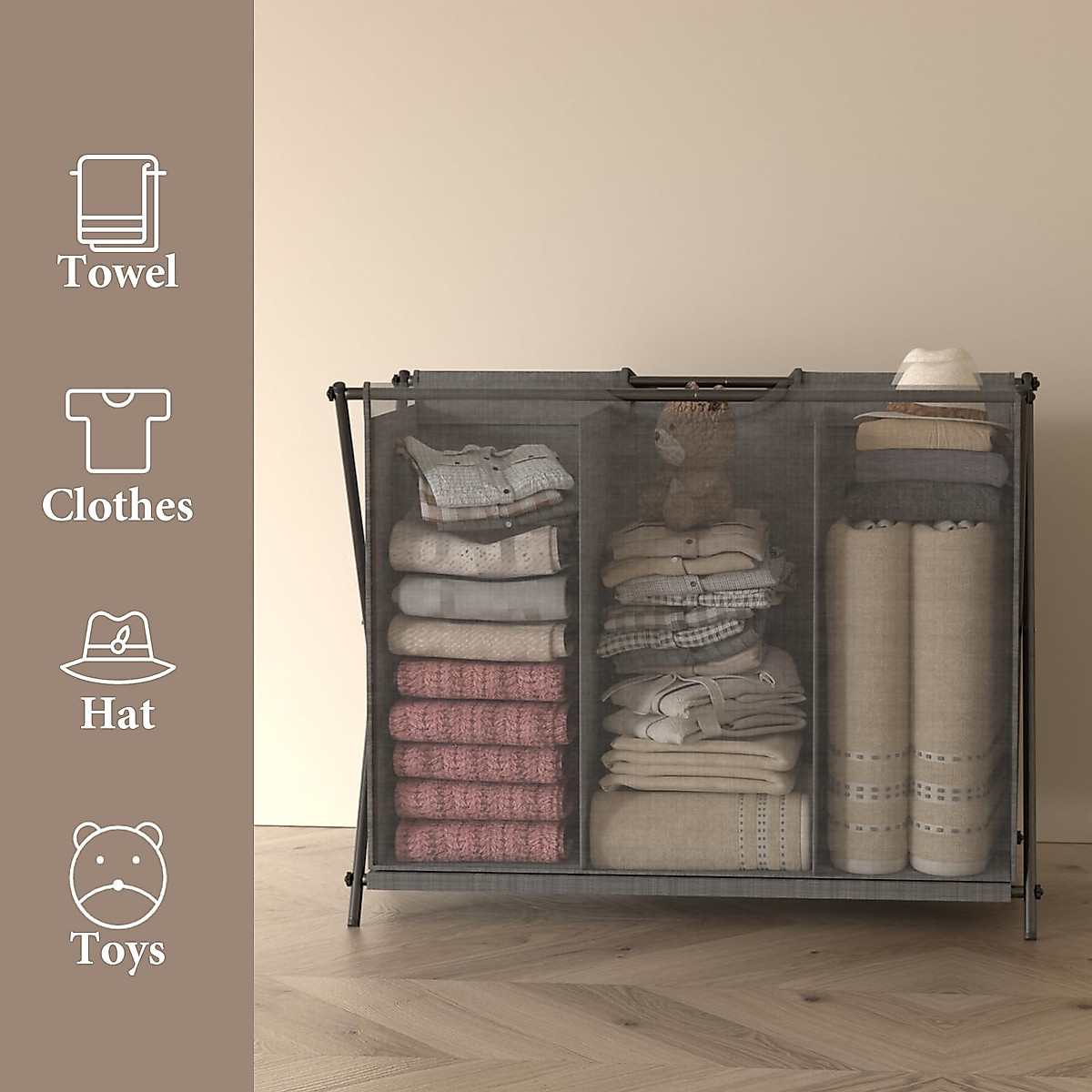 Laundry Sorter 3 Section Foldable Laundry Basket Laundry Hamper with 3 Dividers Clothes Toys Towels Organizer for Bathroom, Living Room