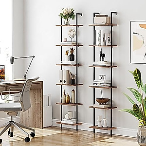 HOOBRO DIY Ladder Shelf, 6-Tier Wooden Wall Mounted Bookshelf, Narrow Bookcase, Display Shelf, Storage Rack, Plant Stand, for Living Room, Bedroom, Study, Balcony, Rustic Brown and Black BF651CJ01
