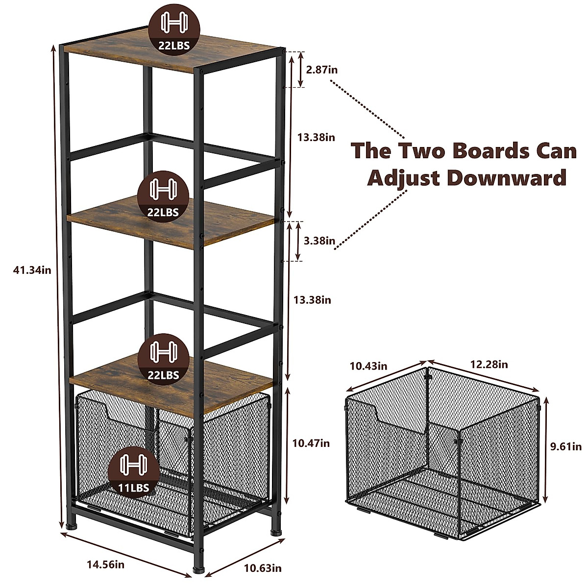 4-Tier Standing Storage Shelves, Narrow Shelving Unit for Small Places, Metal Wood Combination Storage Shelf Rack with Wire Basket,Adjustable Utility Shelf for Bathroom Kitchen Laundry Garage