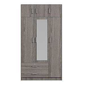 LOUHME Modern 3-Door Wardrobe with Full-Length Mirror – Features 2 Drawers, Top Cabinet, Shelving, and Hanging Rod for Bedroom Storage, Gray