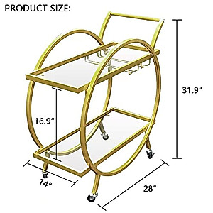 SMARTISBEAUTY Gold Bar Cart, 2-Tier Rolling Mobile Home Bar and Serving Beverage Carts with Glass Holdler, Modern Metal Wine Cart with Lockable Wheels 28" W x 14" D x 31”H