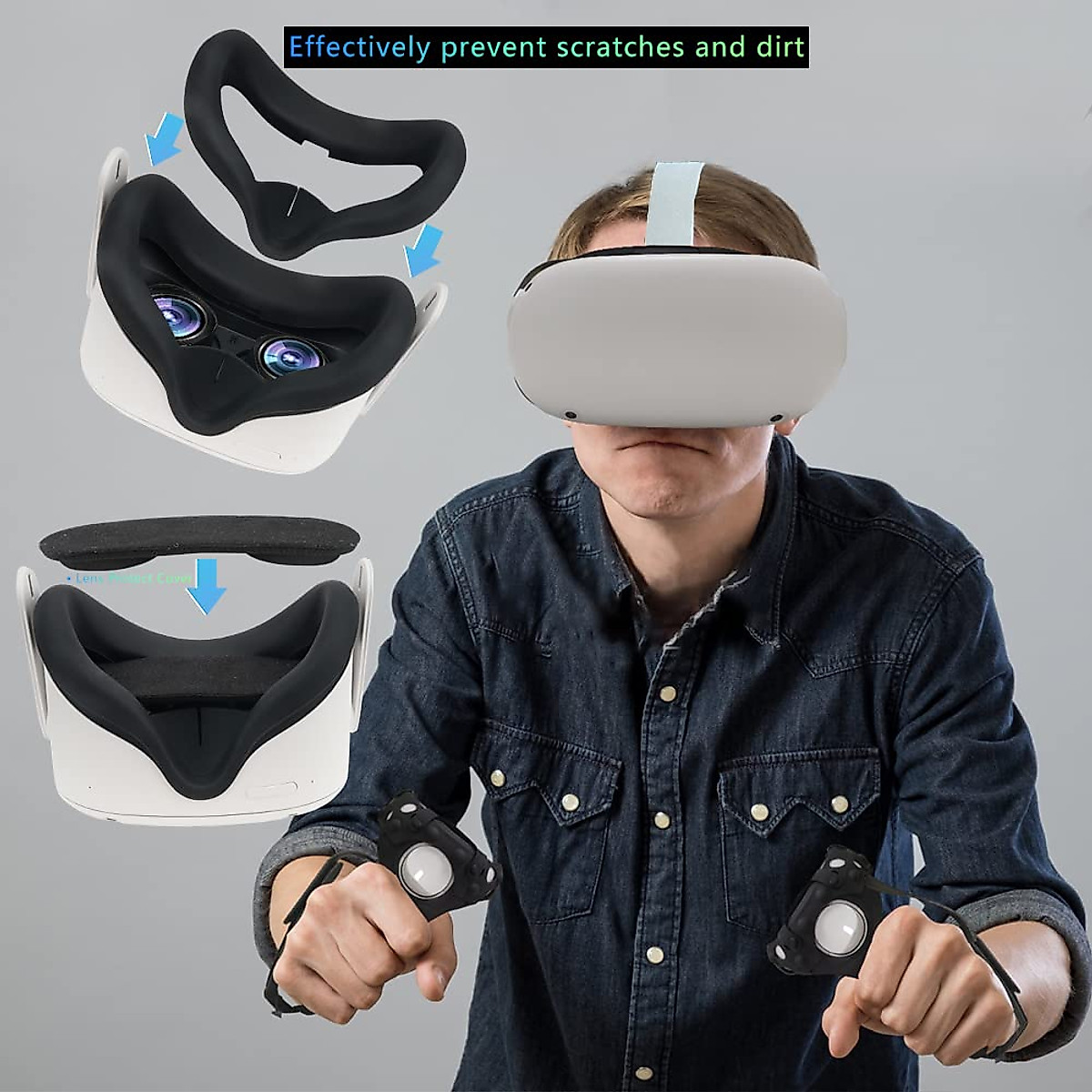 Riokko Controller Grips Cover for Oculus Quest 2, Vr Shell Face Protector Cover Silicone Accessories Anti-Throw Grips Cover with Adjustable Wrist Strap