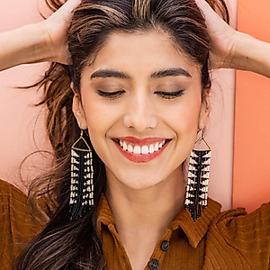 INK + ALLOY Women's Fringe Seed Bead Dangle Earrings Handmade Jewelry for the Modern Bohemian (Black with Ivory Arrow), 4.5-Inches