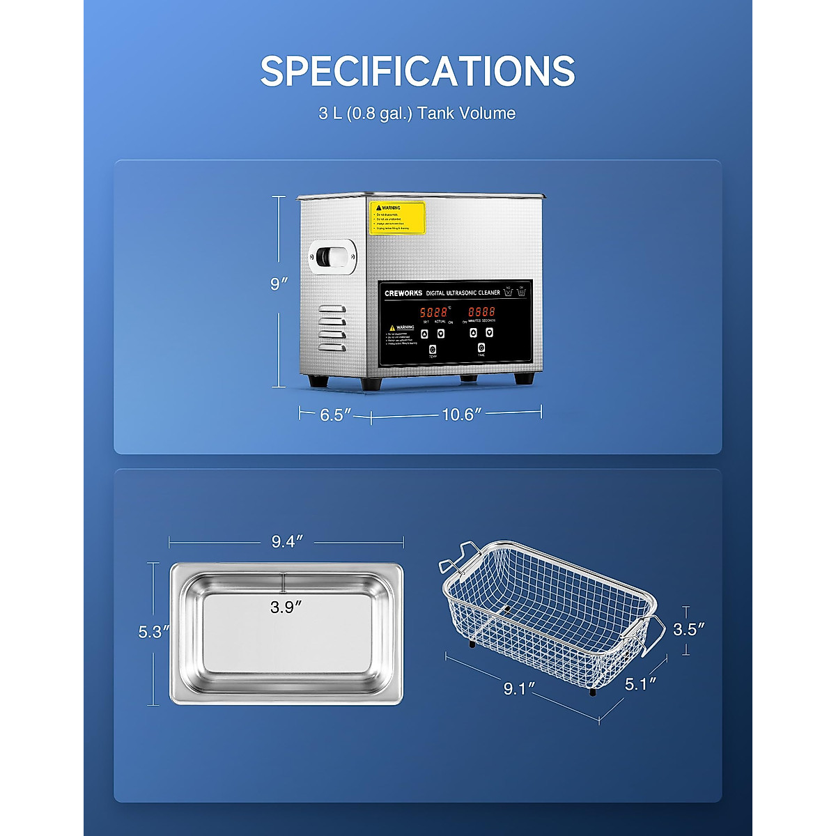 CREWORKS 3L Ultrasonic Cleaner, 0.8 gal Digital Sonic Cavitation Machine, 120W Stainless Steel Professional Jewelry Cleaner for Cleaning Tool Watch Glasses Retainer Denture Parts with Heater & Timer