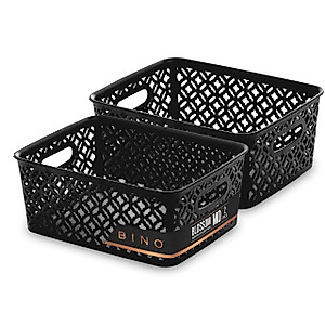 BINO l Plastic Storage Baskets, Medium - Black | THE BLOSSOM COLLECTION l Multi-Use Organizer Bin l Built-in Handles l Plastic Woven Basket for Organizing l Pantry & Home Organizing Basket