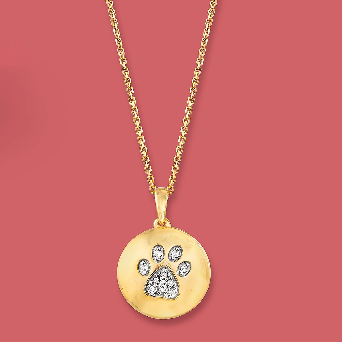 Ross-Simons Diamond-Accented Paw Print Circle Pendant Necklace in 18kt Gold Over Sterling. 18 inches