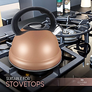 ELITRA HOME Whistling Tea Kettle Stainless Steel Tea Pot for Stovetop with Stay Cool Handle 3.1 Quart / 3 Liter Rose Gold