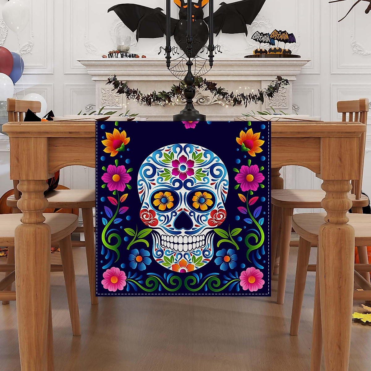 Linen Dia De Los Muertos Table Runner 72 Inches Long Day of The Dead Tablecloth Mexican Fiesta Themed Party Decorations and Supplies for Home Kitchen Dining Room Table