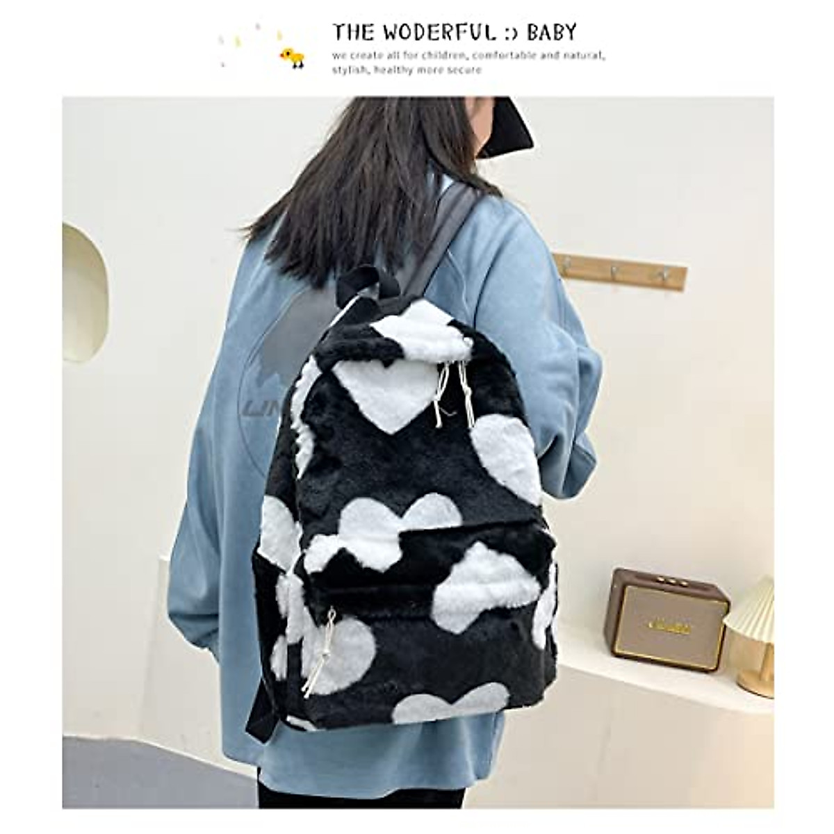 Plush Backpack Y2K Black Love Hearts Kawaii Love Heart Backpack Cute Aesthetic Backpack for School Teen Girls (Black)