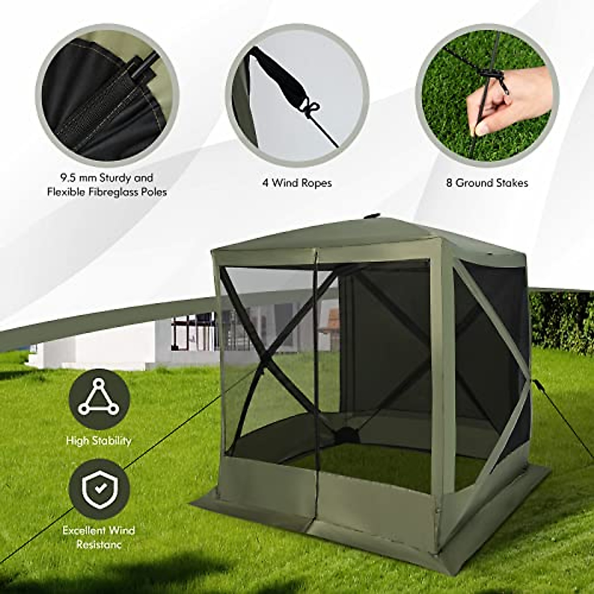 Tangkula 6.7 x 6.7 Ft Pop Up Gazebo with Netting, Portable Screen Tent with 4 Sided Mesh Walls, 2 Sunshade Cloths, UV 50+ Instant Canopy Shelter with Carry Bag for Camping, Lawn, Backyard (Green)
