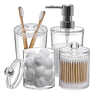 Bathroom Accessories Set 4, Lotion Soap Dispenser, Toothbrush Holder, 2 Apothecary Jars, Plastic Clear Countertop Storage Organizer for Bathroom Kitchen Farmhouse Decor (Transparent)