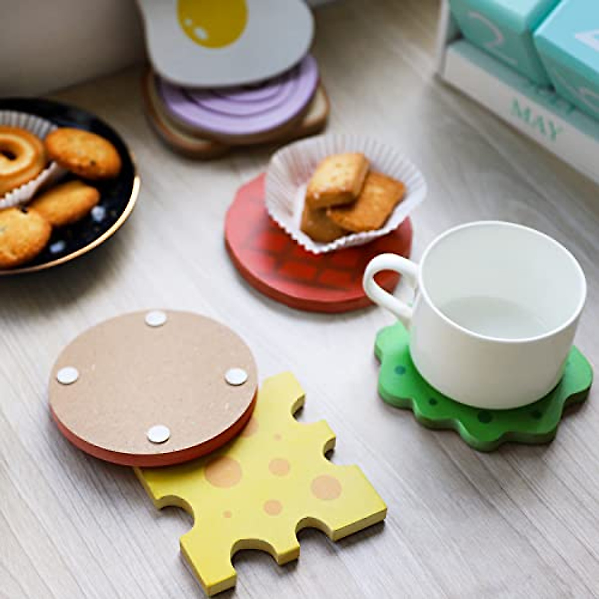 Sandwich Coasters for Drinks, Sets of 8 Funny Wood Coasters with Non-Slip Pads, Cute Coasters for Coffee Table Wooden Table, Unique Birthday Housewarming Gifts, Office Home Desk Decor 4 Inch