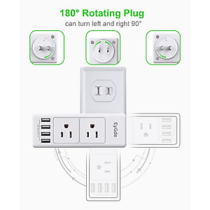 2 Prong Power Strip with Rotating Plug, EyGde Multi Plug Outlet Extender, Multiple Outlet Splitter(3 Sided 6 Sockets) and 4 USB Ports, Wall Adapter Surge Protector (1700J) for Travel, Office, White