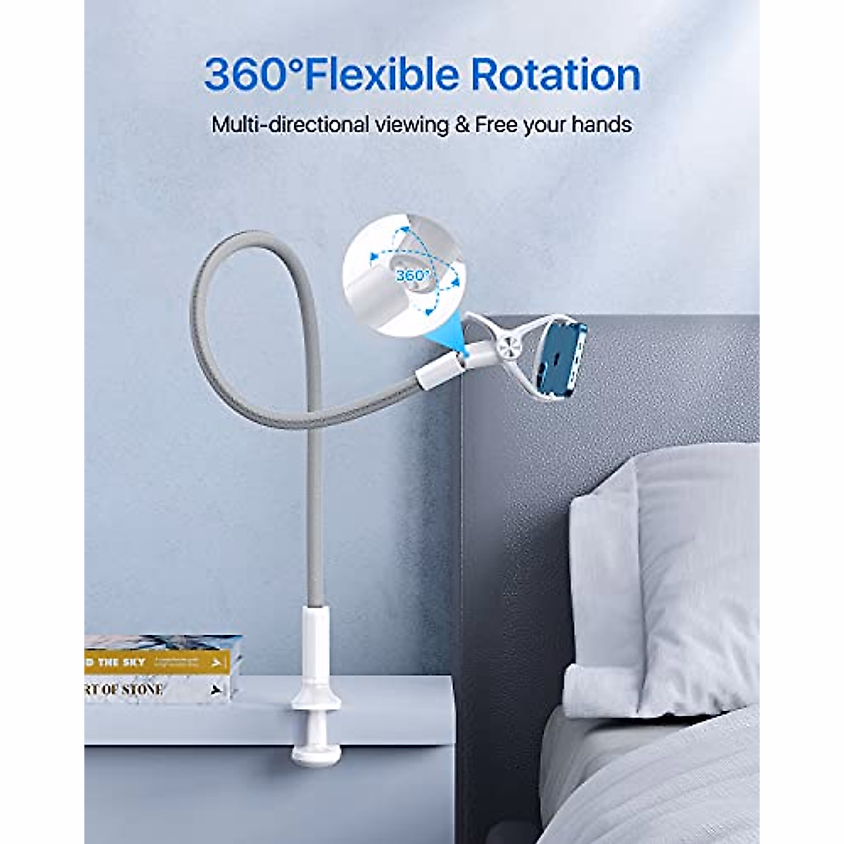 andobil Gooseneck Phone Holder for Bed & Desk [40in Flexible & Sturdy Arm] 360 Adjustable Clamp Clip, Overhead Mount Stand Bedside Phone Holder for iPhone 14 13 Pro Max 12 11 Samsung S23 S22 S21 etc