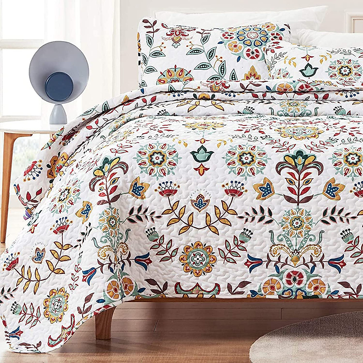 SLEEP ZONE 3-Piece Printed Quilt Set - Full/Queen Size - Lightweight Reversible Bedding Coverlet Set for All Season (Classic Floral Pattern), Full/Queen (90x96 inch | 2 Pillow Shams)