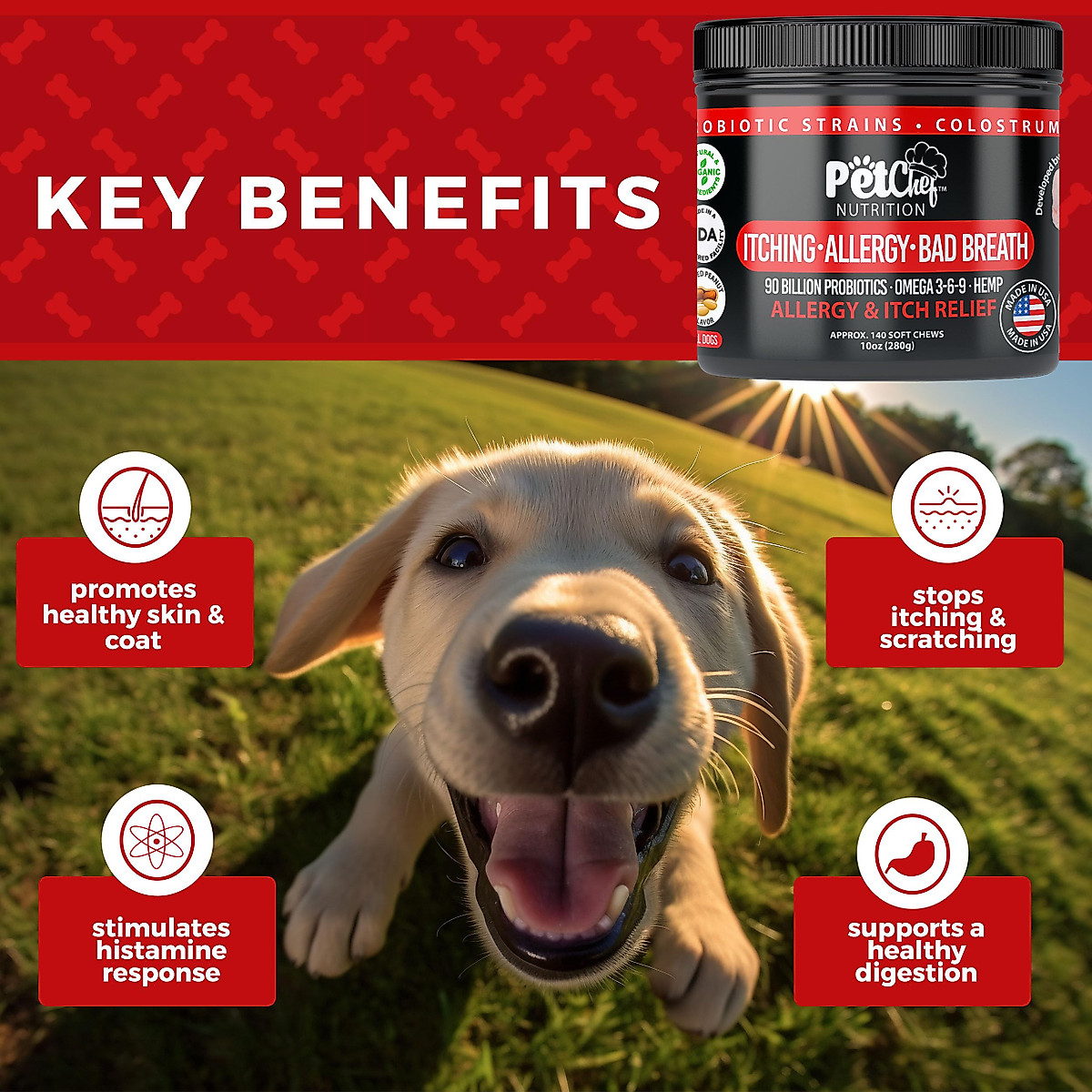 Pet Chef Allergy Defender - Natural Dog Allergy Relief Chews - Effective Medicine for Dog Allergies, Environment and Household Irritant Prevention - Safe & Strong Allergy Supplements for Dogs