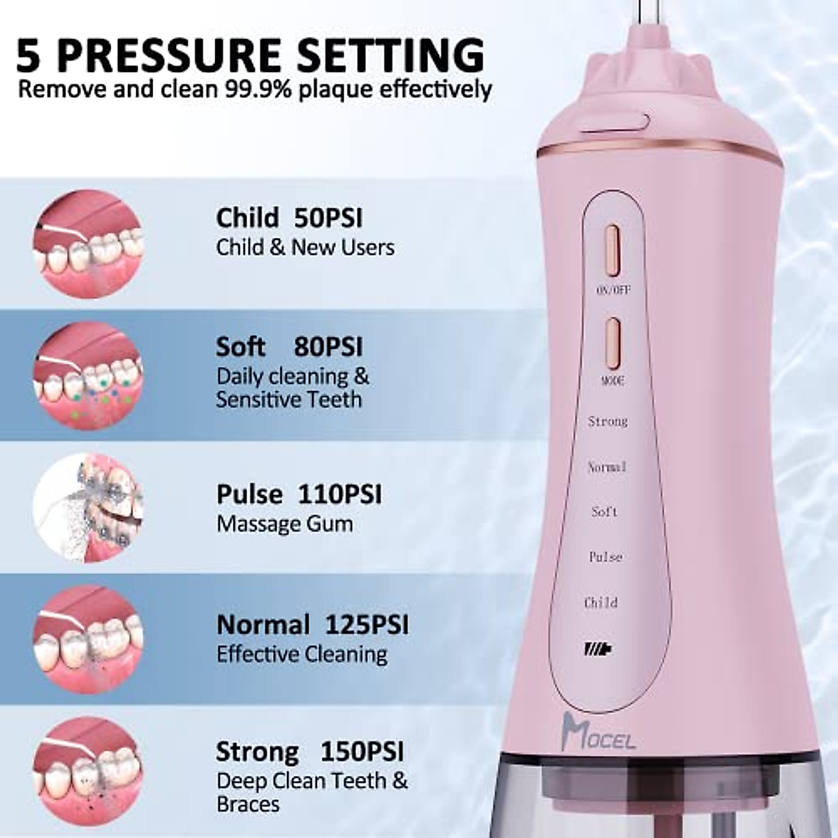 MOCEL Water Dental Flosser Oral Irrigator with 5 Modes, 350ml Cordless Water Teeth Cleaner Pick 6 Tips, IPX7 Waterproof Portable Powerful Battery for Travel & Home Braces & Bridges Care (Pink)